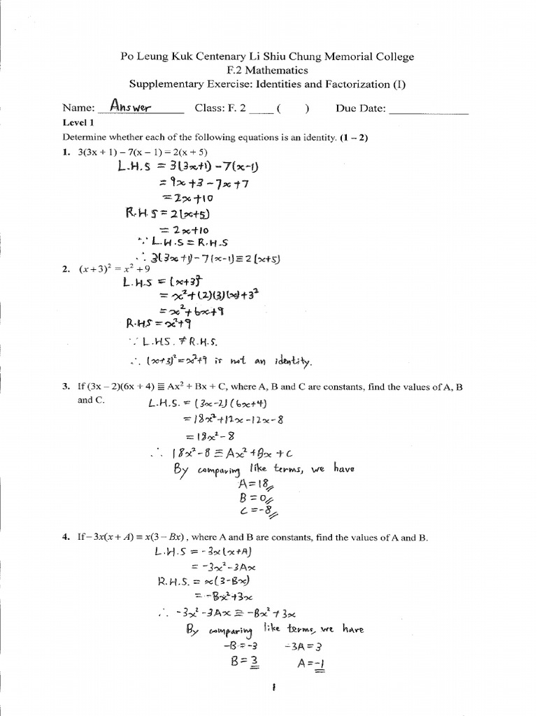 Identities and Factorization (I) Solutions | PDF