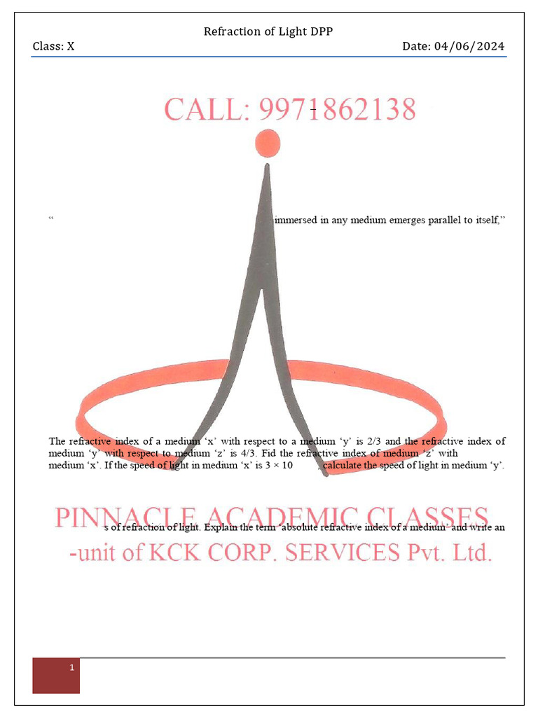 Refraction of Light DPP 4th June | PDF | Refractive Index | Refraction