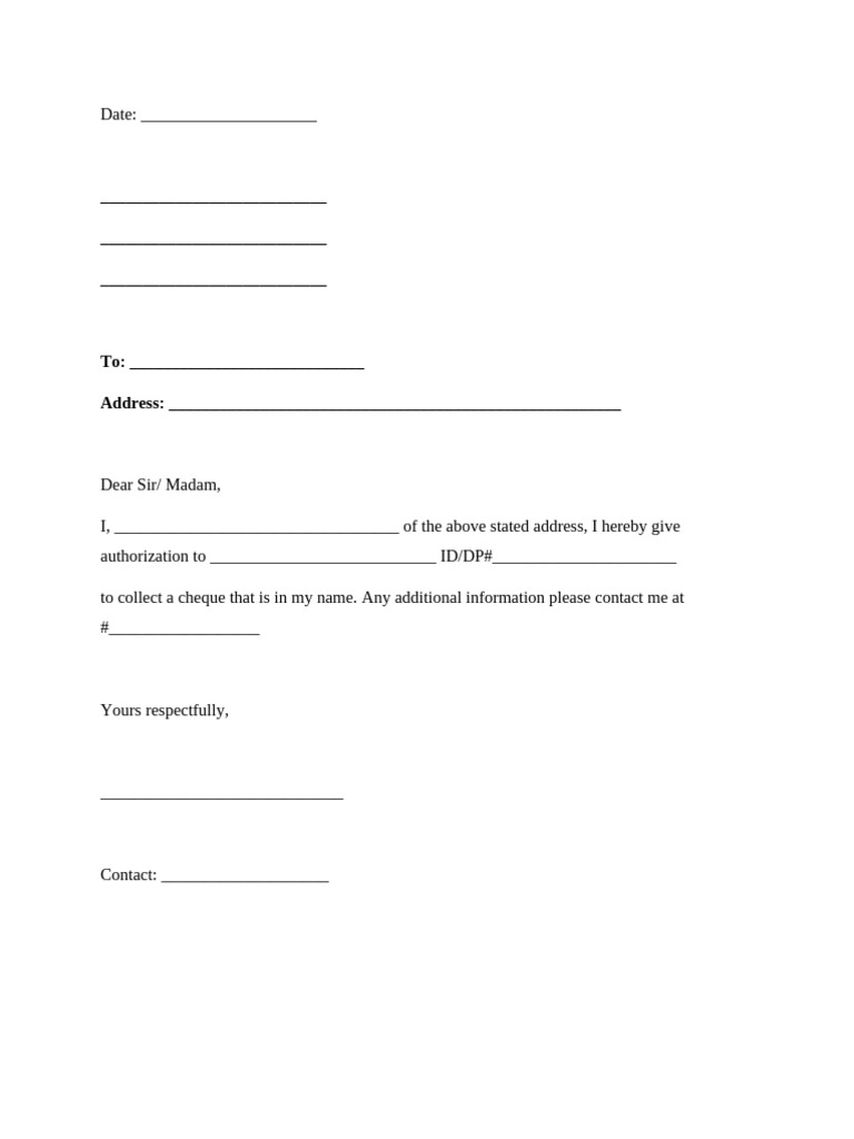 Authorization Letter for Cheque Collection | PDF