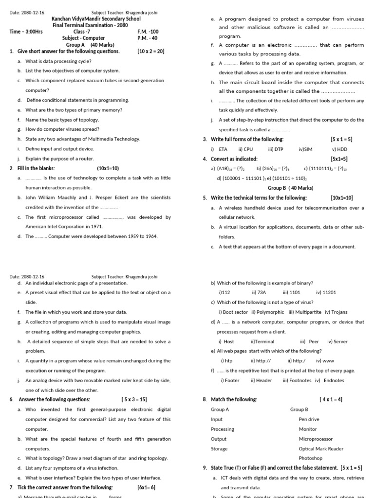 Final Class-7-Computer PAPER 2080 | PDF | Computer Program | Programming