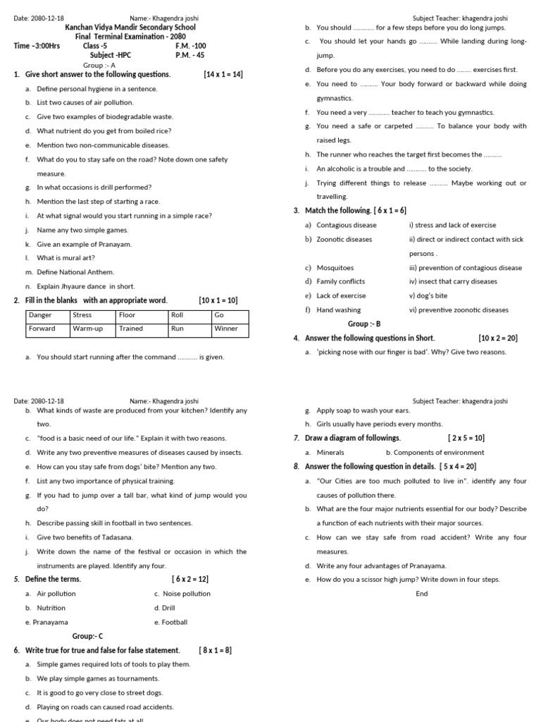 Class 5 Health & PE Exam Paper 2080 | PDF