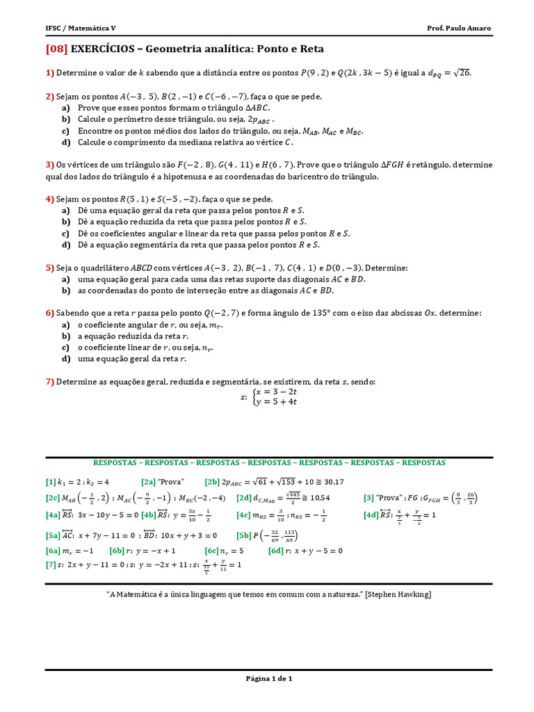 Exercícios 08 - Geometria Analítica - Ponto e Reta | PDF | Triângulo | Linha (Geometria)