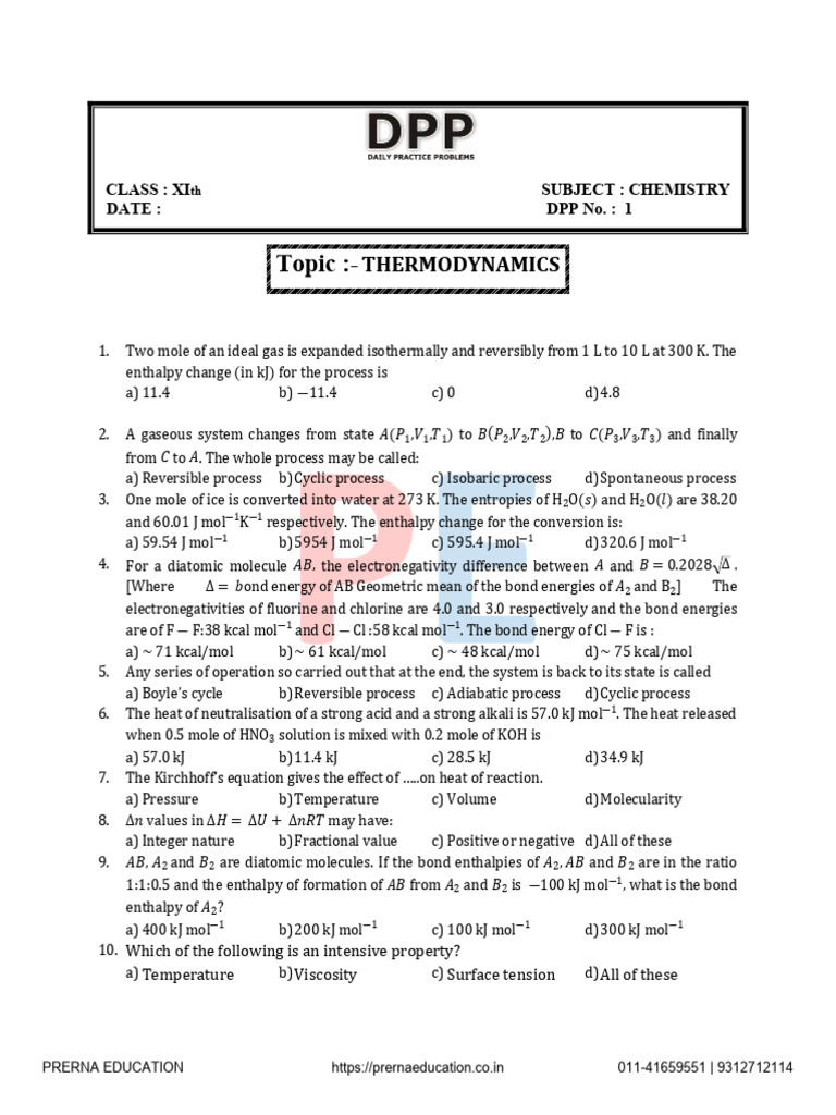 Chemical Thermodynamics DPP 1 | PDF | Enthalpy | Chemistry
