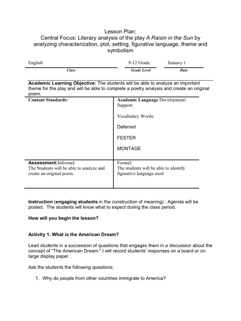 Grade 9 Lesson Plans for A Raisin in the Sun | PDF | Verb | Lesson Plan