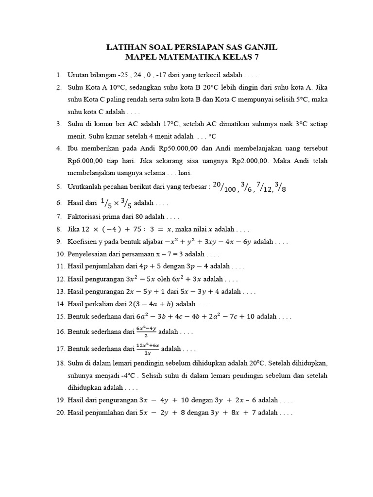 Latihan soal persiapan SAS Ganjil Mtk kls 7 | PDF