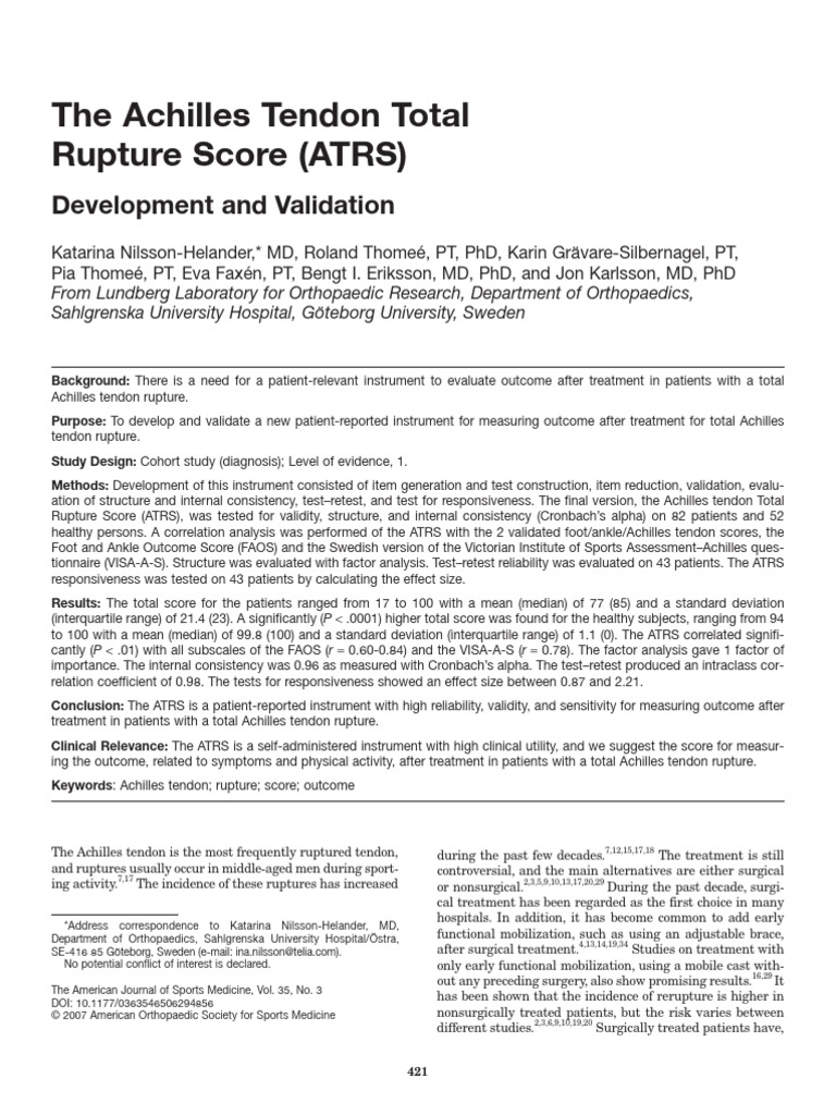 The Achilles Tendon Total Rupture Score (ATRS) | PDF | Cronbach's Alpha | Effect Size