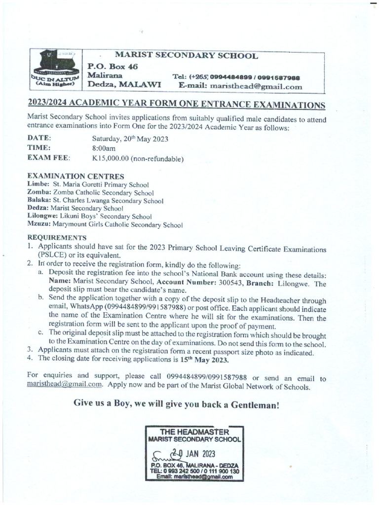 2023-2024 Marist Secondary School Form One Entrance Examinations | PDF