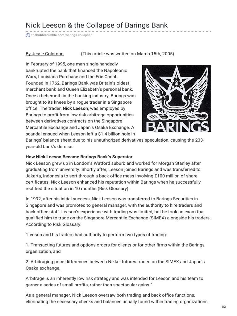 Nick Leeson and Barings Bank Collapse | PDF | Futures Contract ...