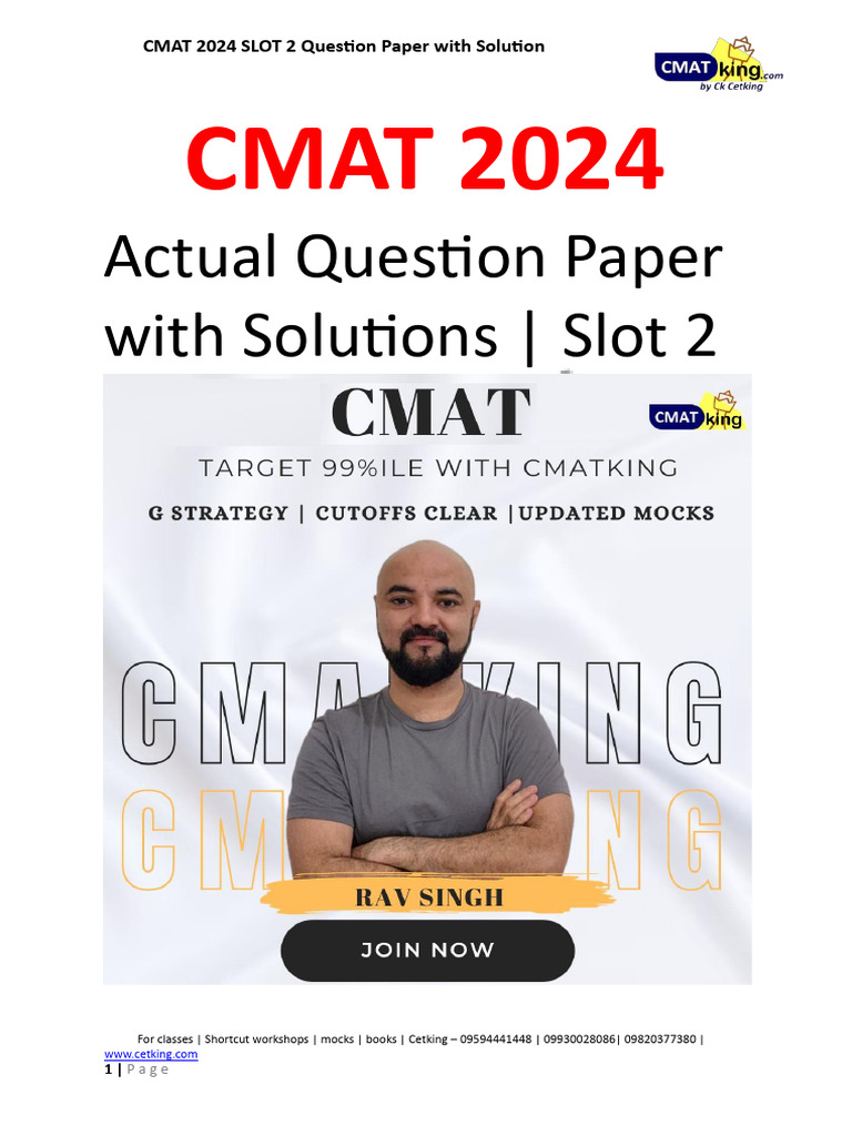 CMAT 2024 Slot 2 Question Paper & Solutions | PDF | Adjective | Verb