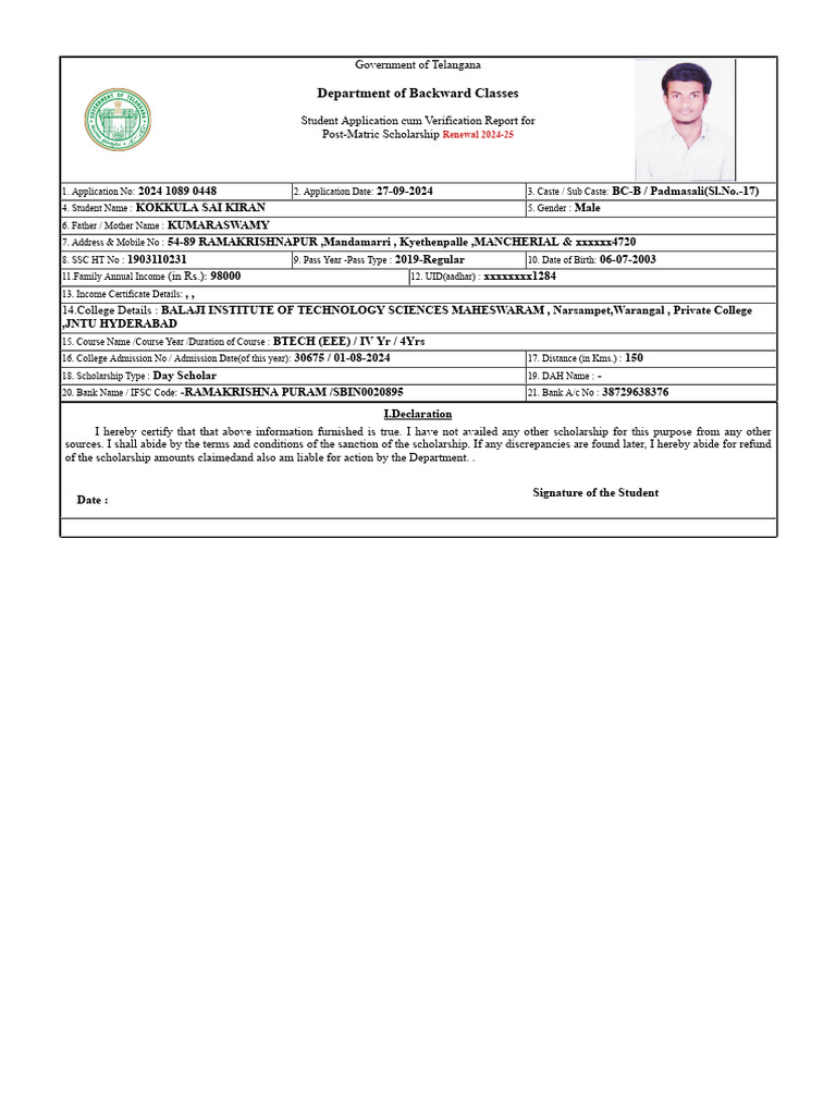 Department of Backward Classes: Renewal 2024-25 | PDF