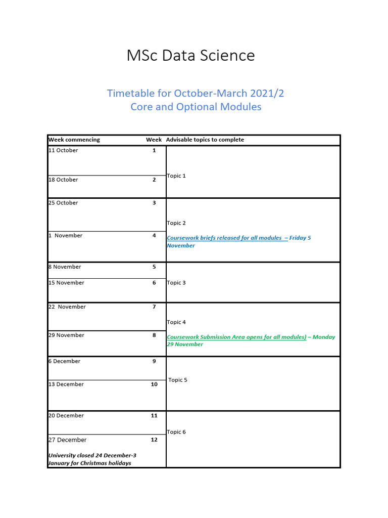 MSC Data Science October 2021 Timetable | PDF