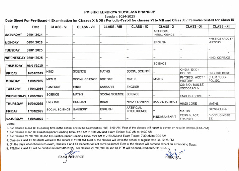 Exam Date Sheet Jan - 25 Classes 6-12 | PDF