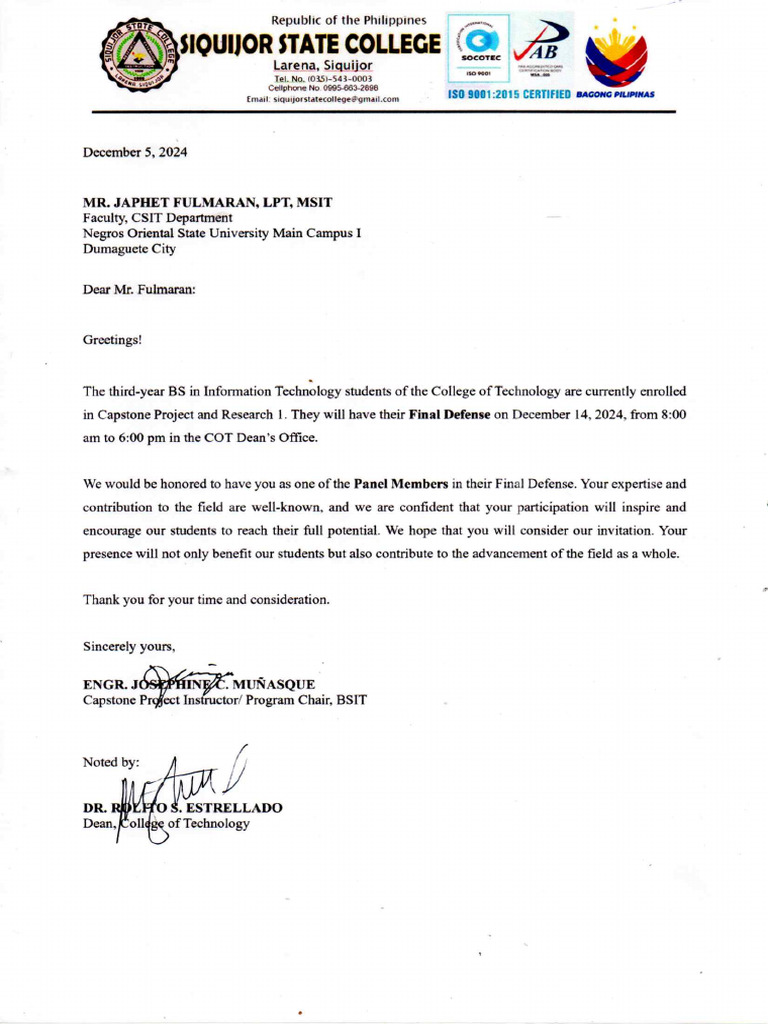 Request letter as External Panel Member for Capstone Project and ...
