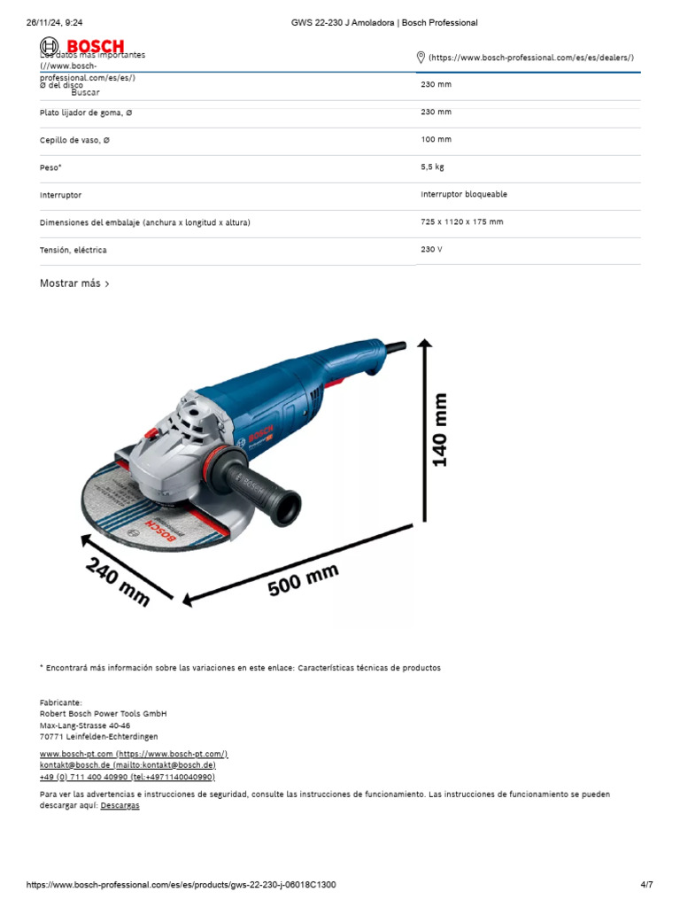 Ficha Tecnica GWS 22-230 J Pulidora - Bosch Professional | PDF