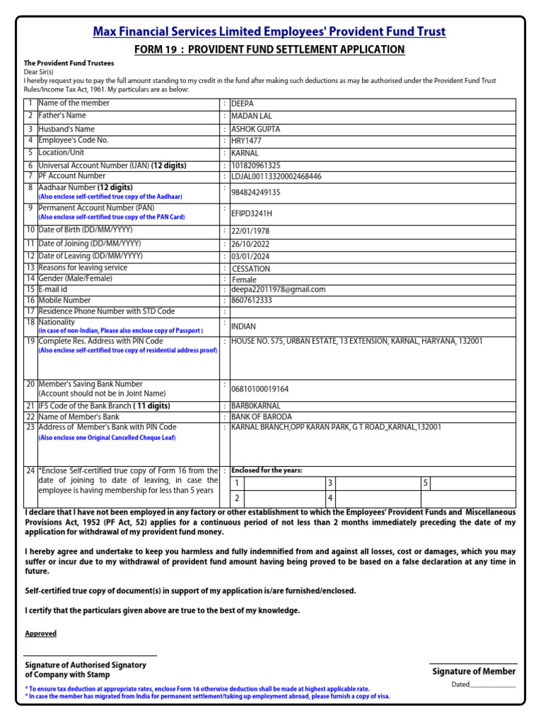 PF Withdrwal - Form 19 | PDF | Payments | Taxes