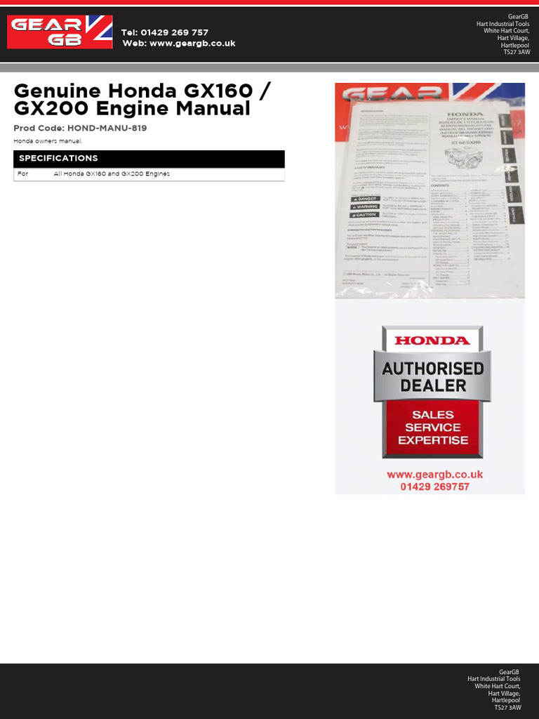 GearGB_Product_Genuine Honda GX160 GX200 Engine Manual | PDF