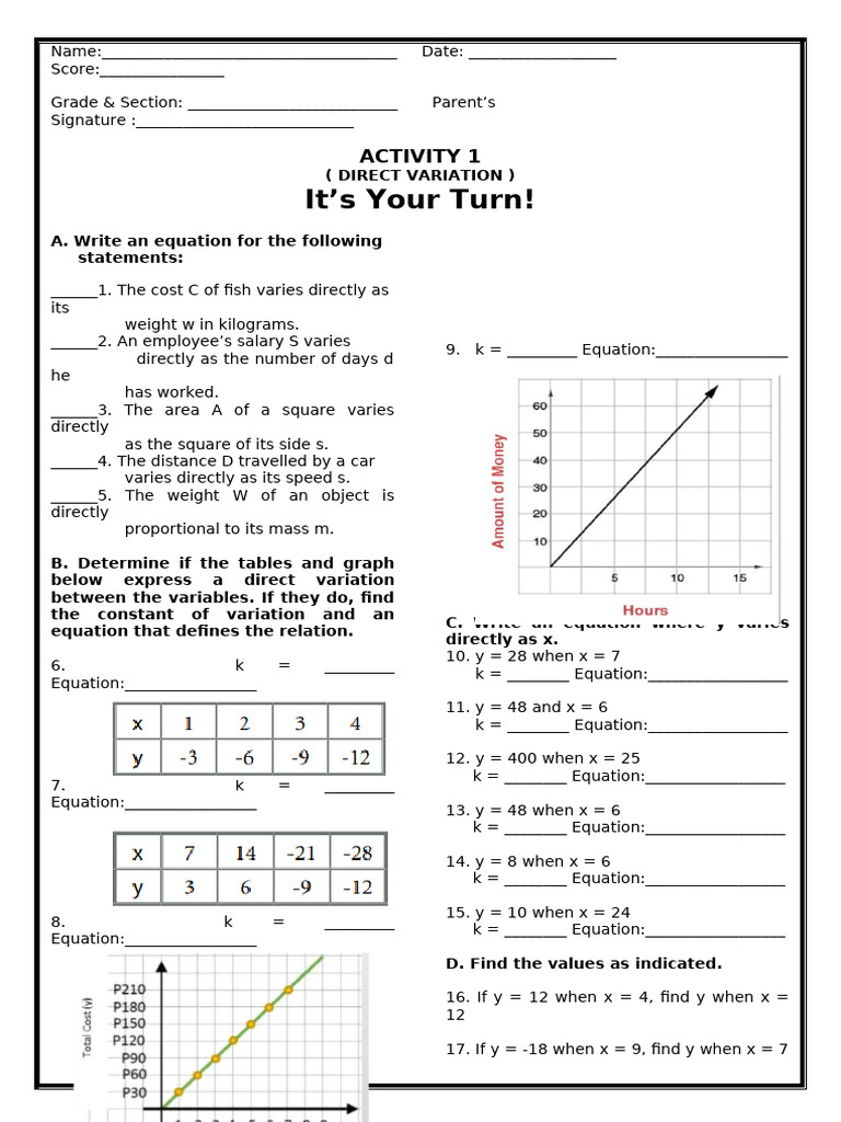 Direct Variation Worksheet with Answers | PDF | Equations | Weight