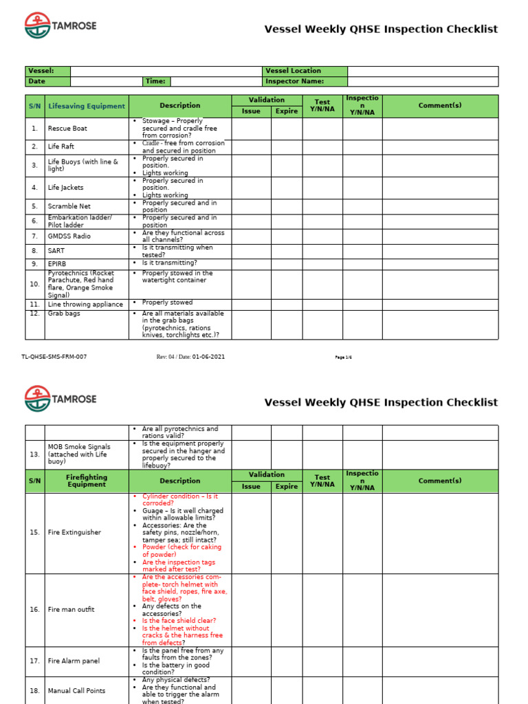 Vessel Weekly QHSE Inspection Checklist (003) | PDF | Equipment