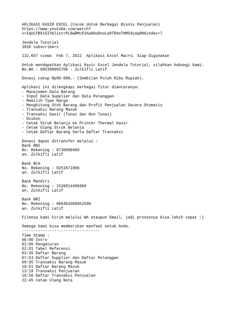 (Jendela Tutorial) APLIKASI KASIR EXCEL (Cocok Untuk Berbagai Bisnis Penjualan) | PDF