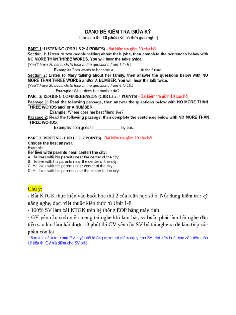 DẠNG BÀI và HƯỚNG DẪN KTGK môn TAĐ ĐTCB1 | PDF