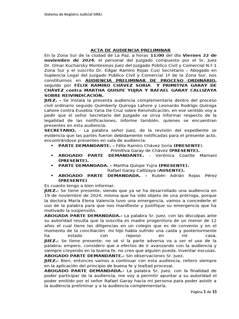 ACTA DE AUDIENCIA PRELIMINAR GARAY - QUISPE | PDF | Demanda judicial | Ley procesal