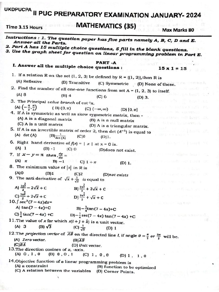 2nd Puc Maths Preparatory Exam Paper 2023-24 by Uk | PDF