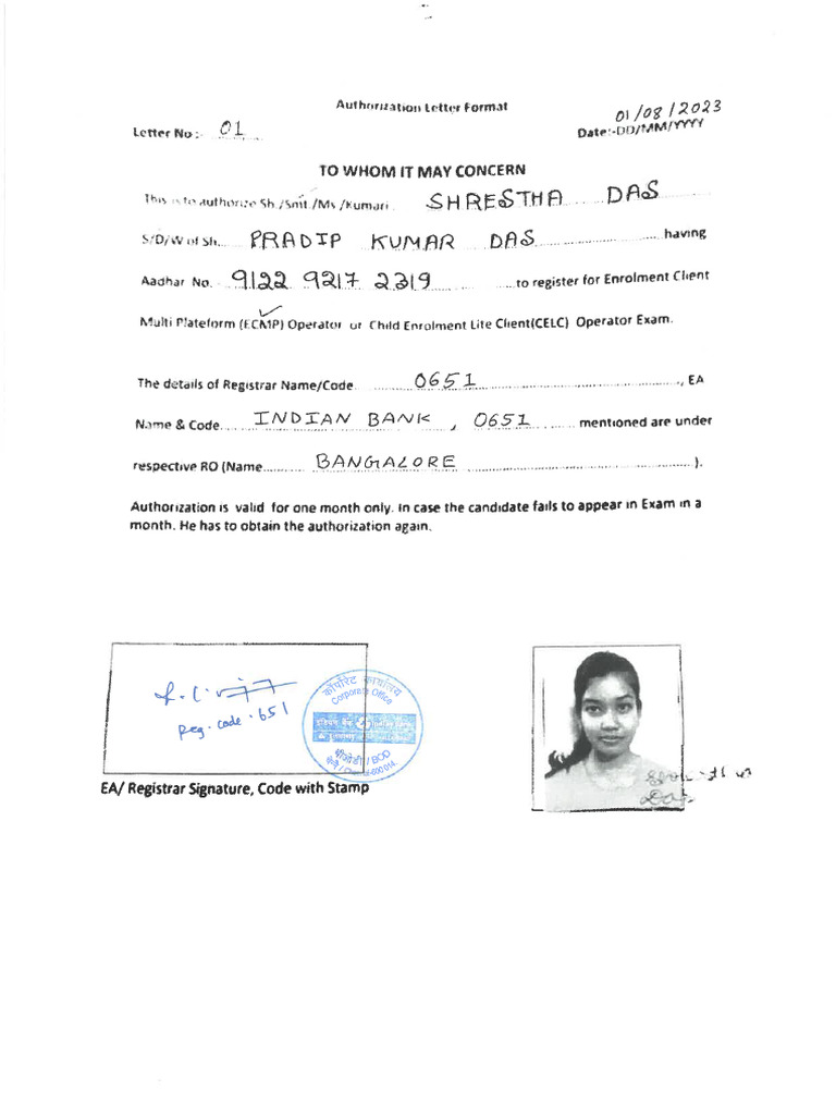 NSEIT Exam Authorization Letter - Filled Sampl | PDF