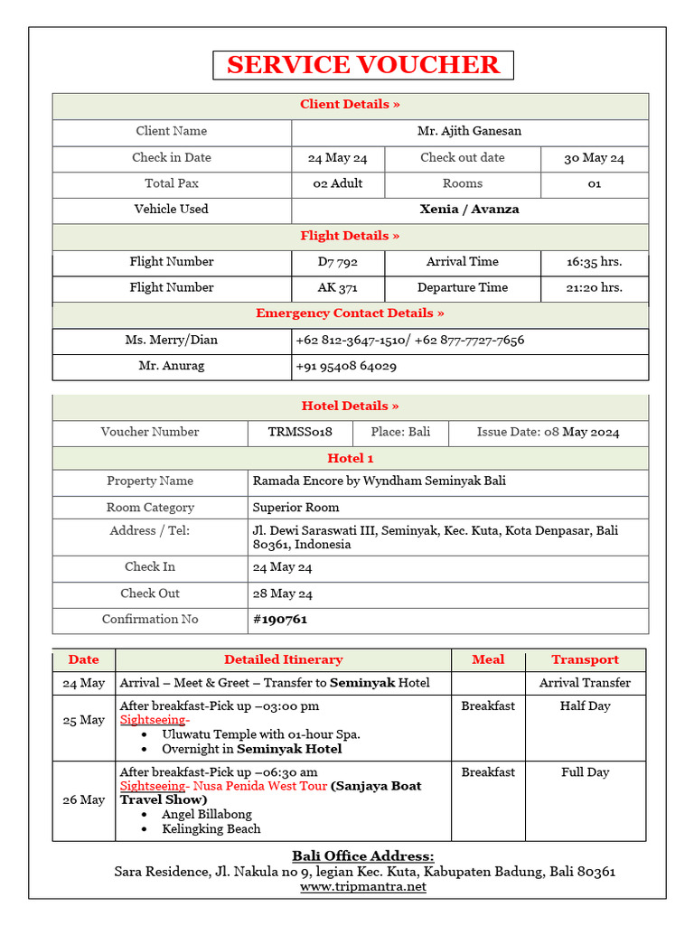 Bali Travel Itinerary for Ajith Ganesan | PDF | Bali | Meal