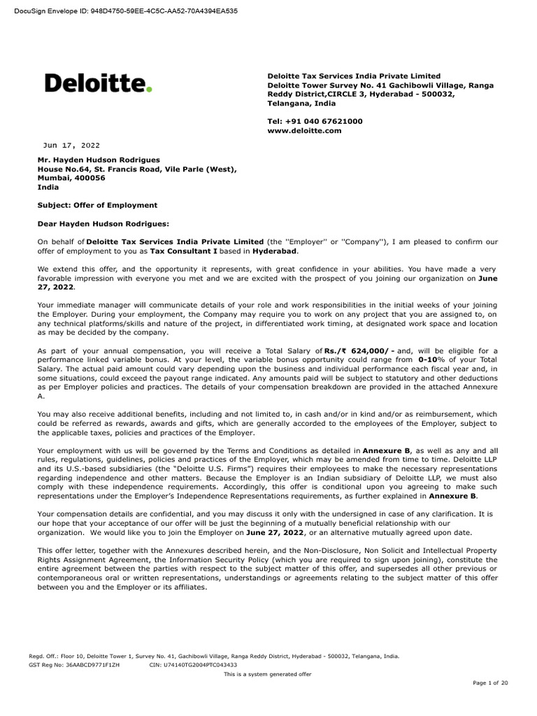 Deloitte Employment Offer Letter | PDF | Legal Remedy | Breach Of Contract