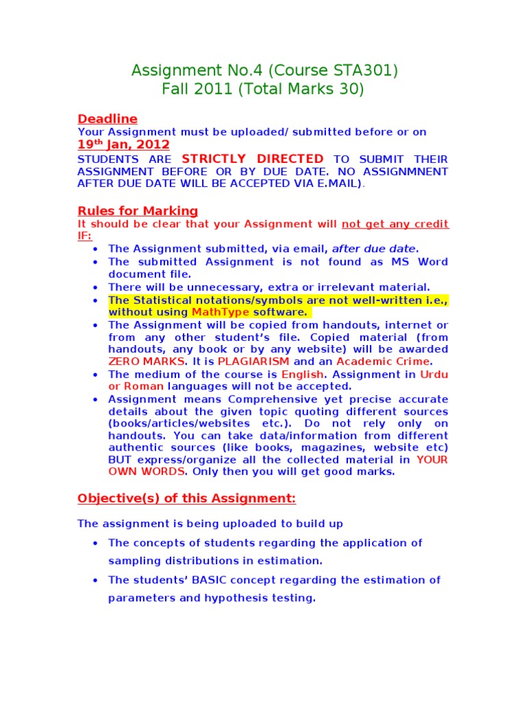 Assignment No.4 (Course STA301) Fall 2011 (Total Marks 30) : Deadline ...