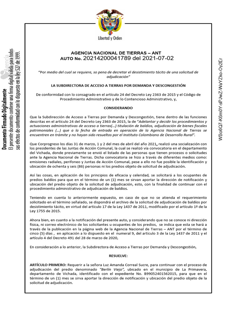 Agencia Nacional de Tierras ANT Auto No.: La Subdirectora de Acceso A ...