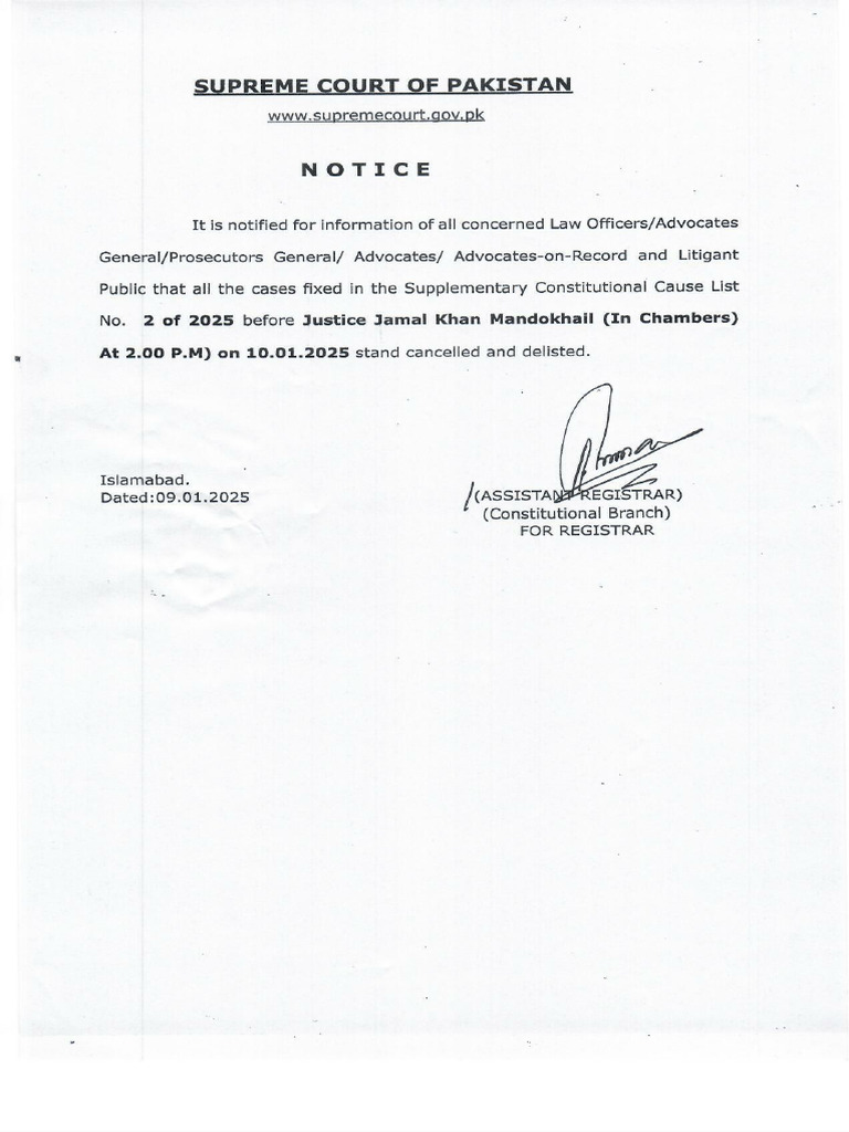 Supreme Court Cases Delist Notice For The Cases Fixed On 10.01.2025 ...