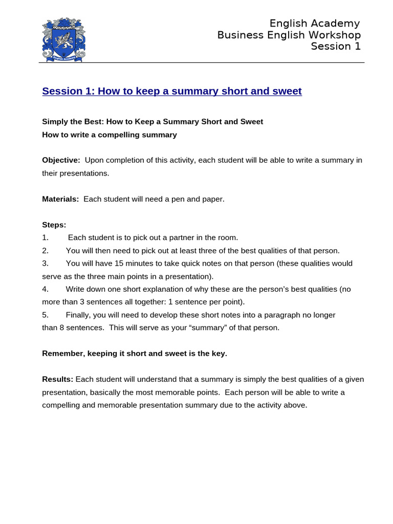 Session 1 - 5 How To Keep A Summary Short and Sweet | PDF