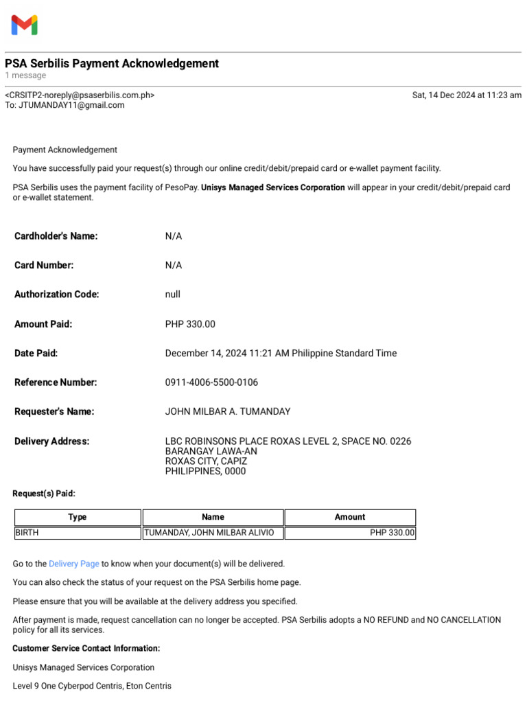 Gmail - PSA Serbilis Payment Acknowledgement | PDF