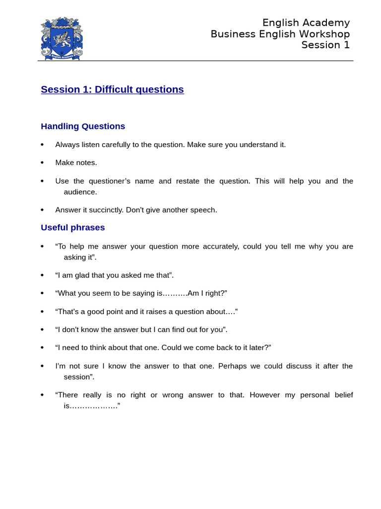 Session 1 - 6 Difficult Questions | PDF