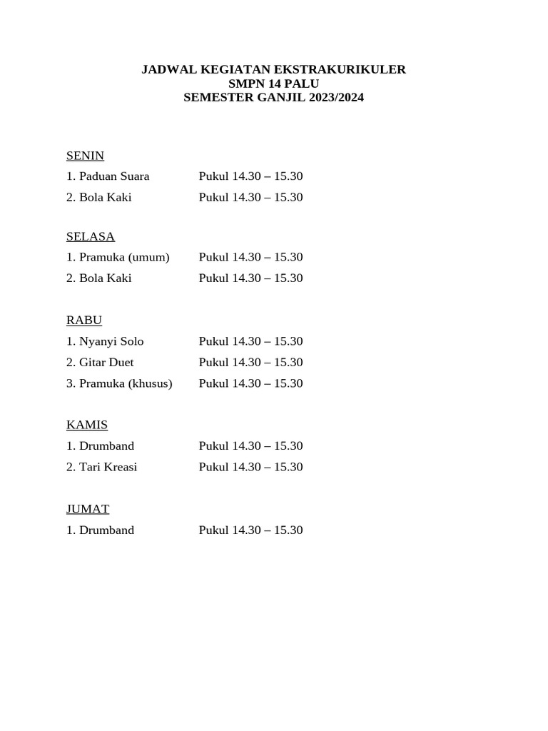 Jadwal Kegiatan Ekstrakurikuler | PDF