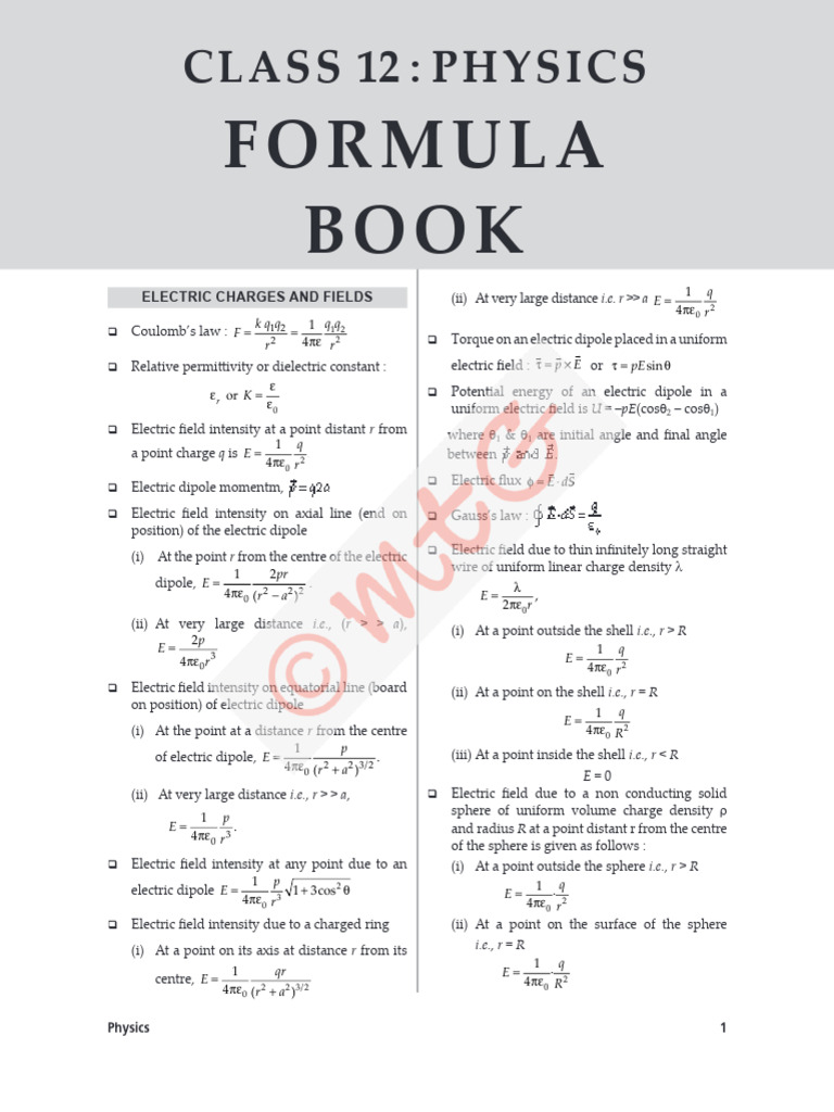 Formula Book Physics | PDF | Optics | Refractive Index