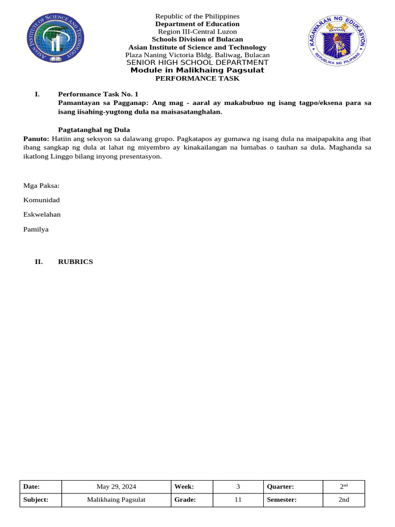 Q2-W3 Performance Task Malikhaing Pagsulat | PDF | Philippines