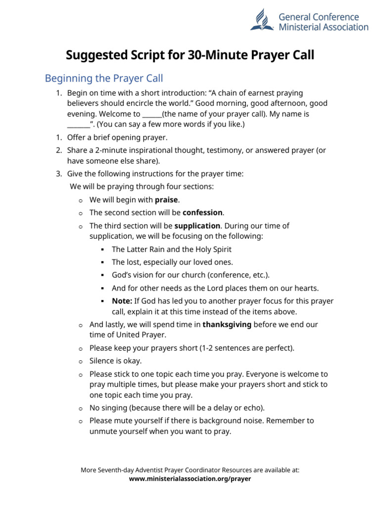 Suggested Script For 30 Minute Prayer Call | PDF | Prayer | Confession (Religion)