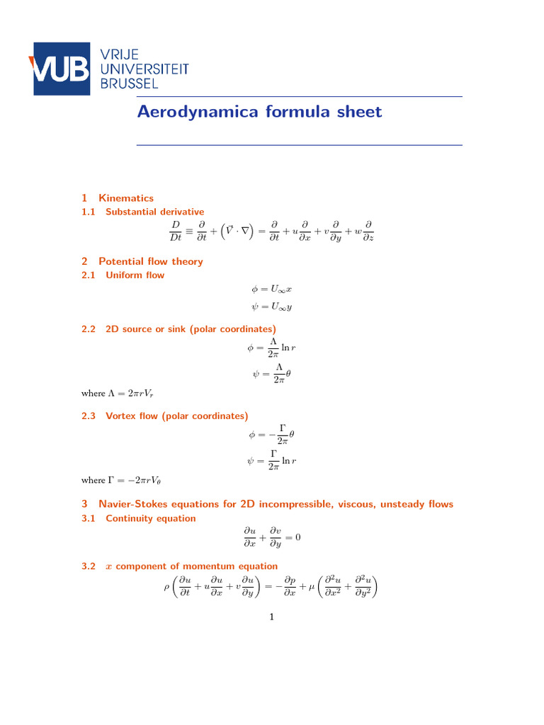 Aerodynamics Formula Sheet Guide | PDF | Boundary Layer | Motion (Physics)