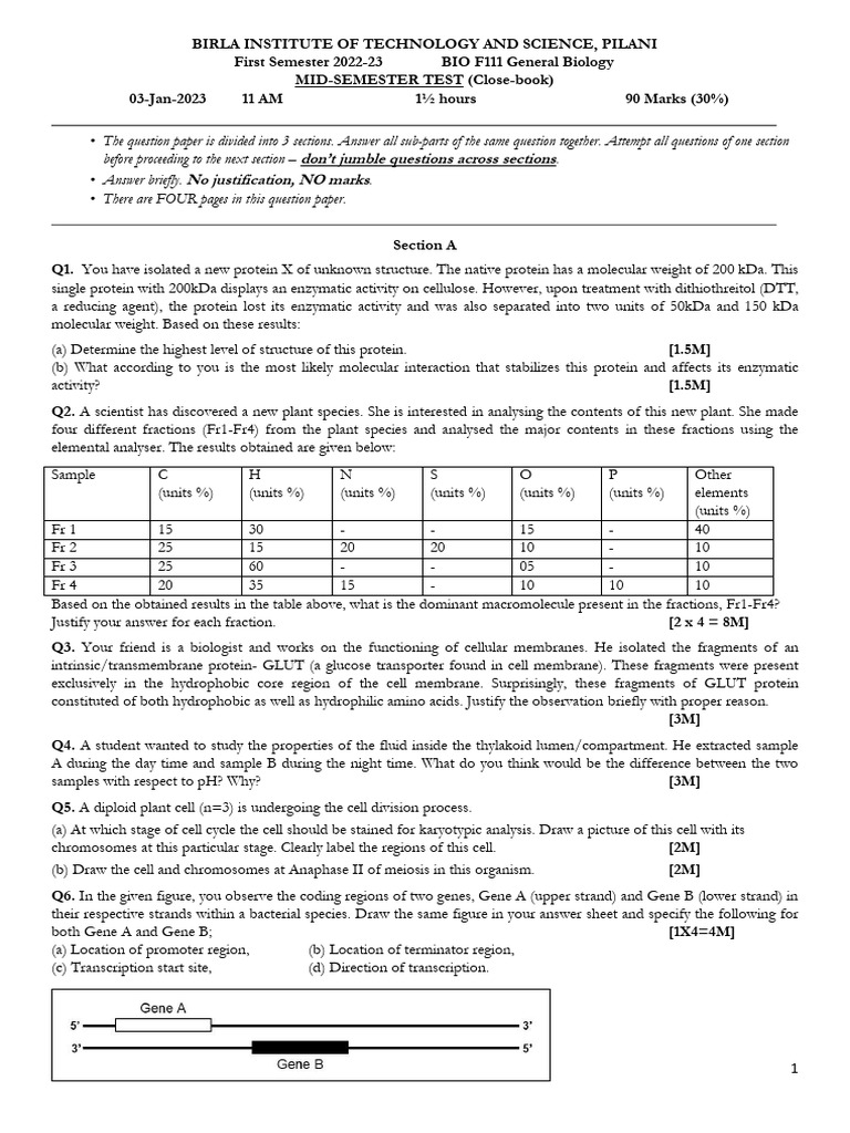 1154 BIO F111 20230301052515 Mid Semester Question Paper | PDF ...