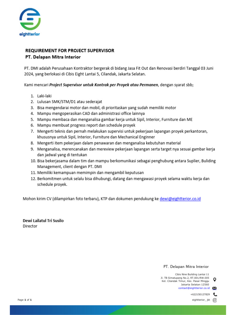Requirement For Project Supervisor - PT - Dmi | PDF