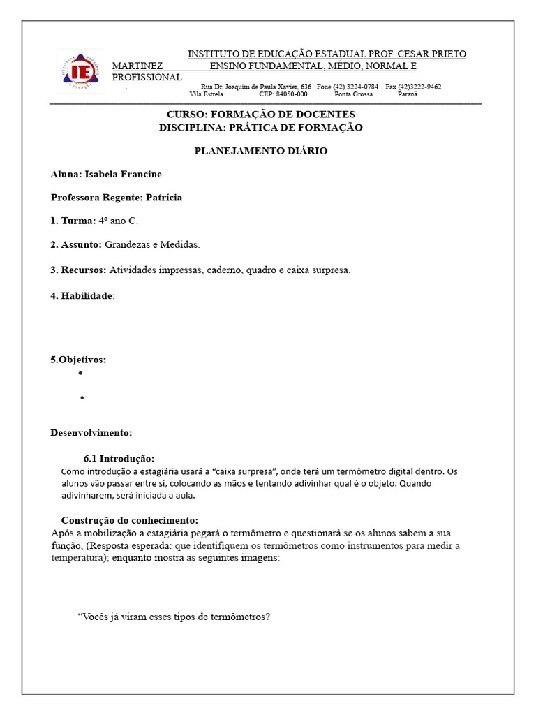 Plano de Aula Matemática | PDF | Termômetro | Temperatura