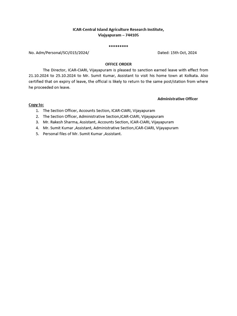 Earned Leave Sanction for Sumit Kumar | PDF