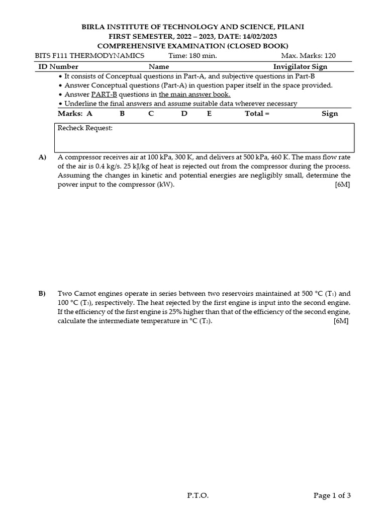 BITS Pilani Thermodynamics Exam 2023 | PDF | Heat | Entropy