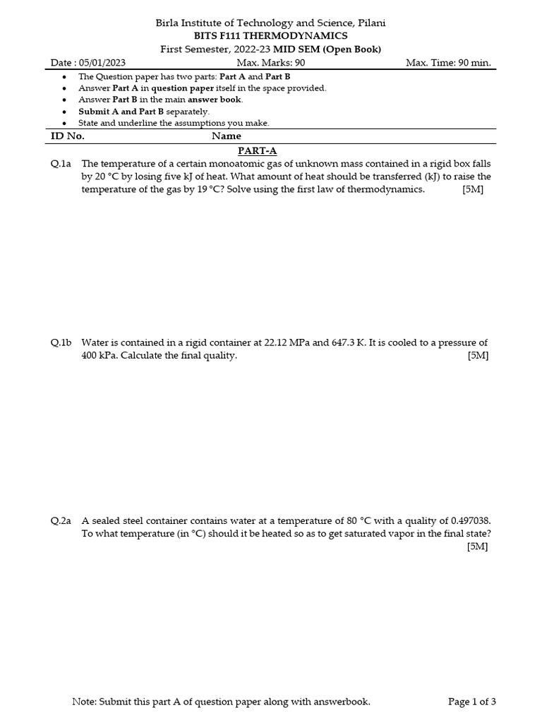 1154 BITS F111 20230306031838 Mid Semester Question Paper | PDF | Atmosphere Of Earth | Heat