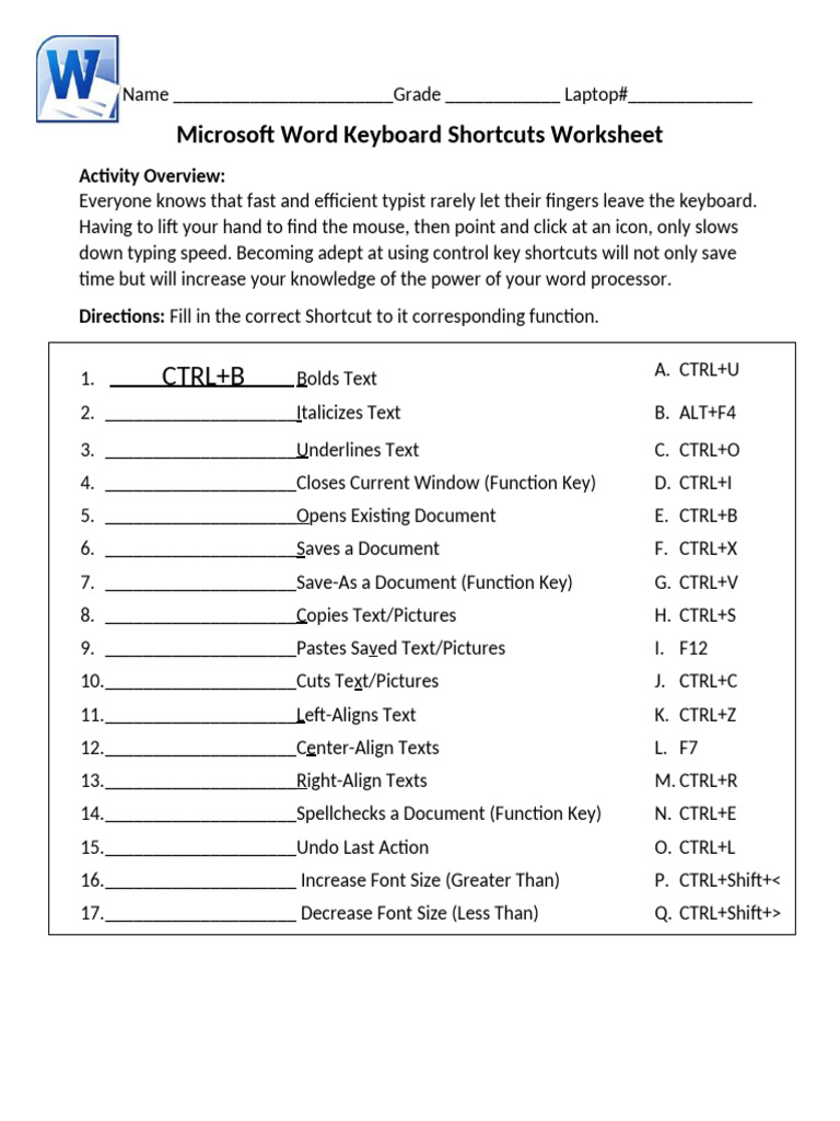 CTRL+B: Microsoft Word Keyboard Shortcuts Worksheet | PDF