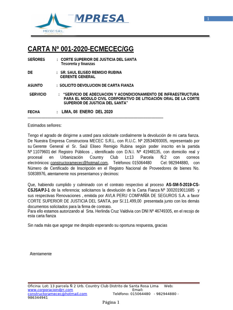 Solicito Devolucion de Carta Fianza A Derechos Humanos | PDF | Documento de identidad