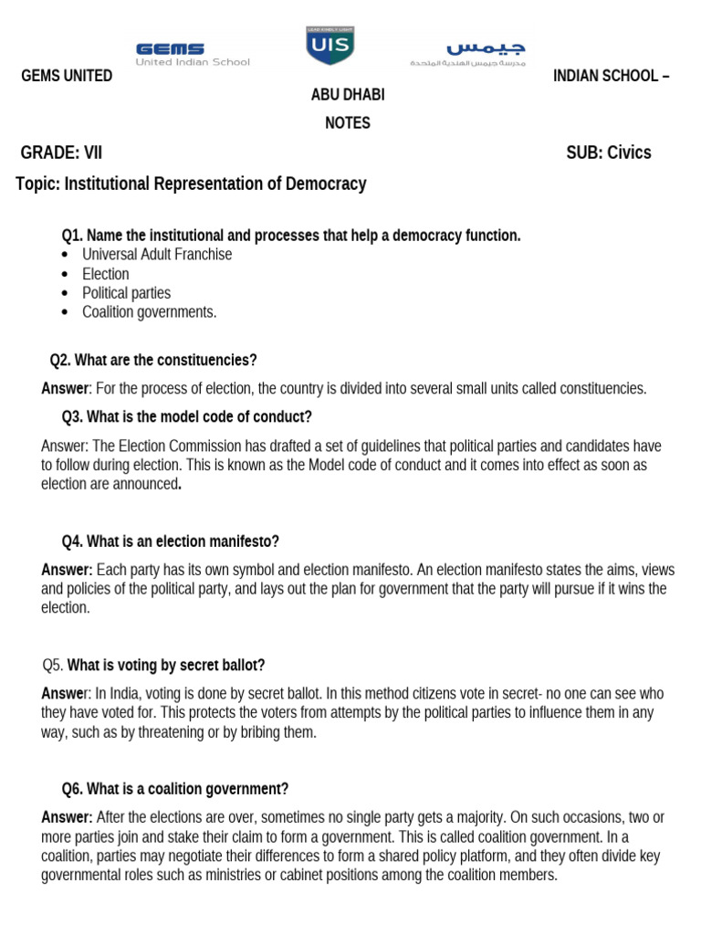 Class 7 Notes on Democracy Representation | PDF | Voting | Elections
