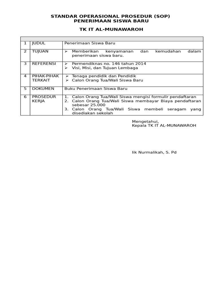 Sop Paud Penerimaan Siswa Baru | PDF